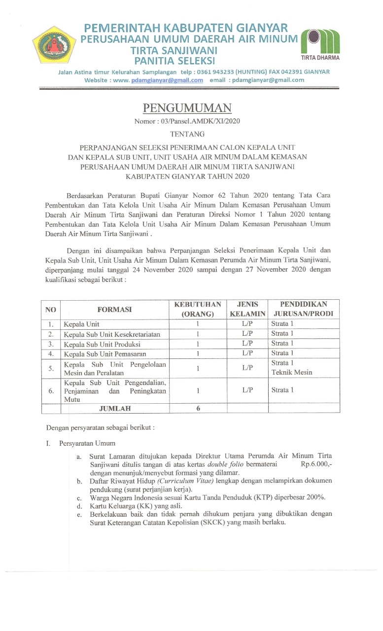 PERPANJANGAN SELEKSI PENERIMAAN CALON KEPALA UNIT DAN DAN KEPALA SUB ...